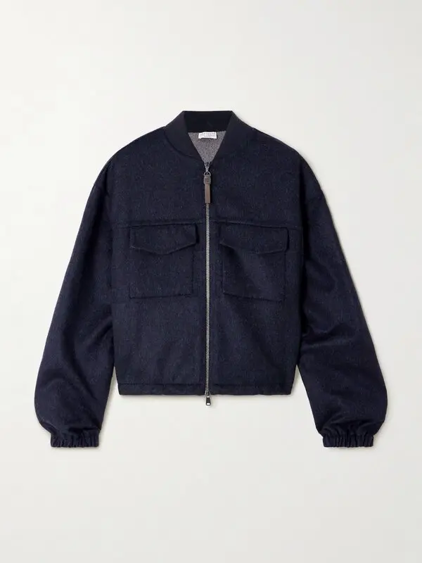 Brunello Cucinelli Bead-embellished Leather-trimmed Wool Bomber Jacket - Blue