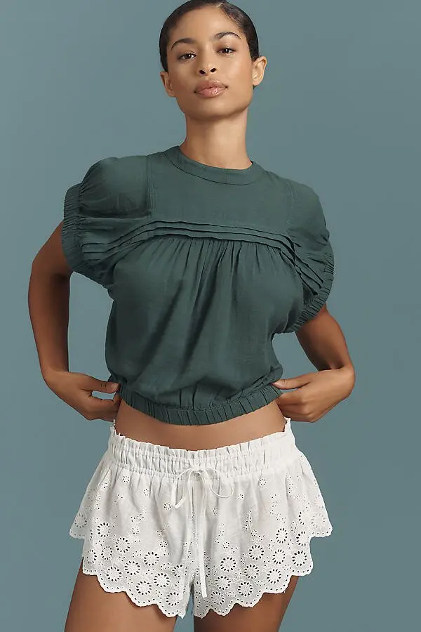 PILCRO Puff-sleeve Cotton Crop Top - Darkened Forest