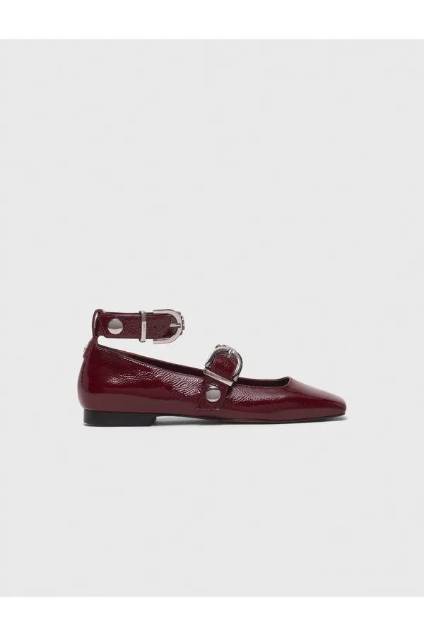 Maje Studded Leather Mary Jane Flats - Burgundy