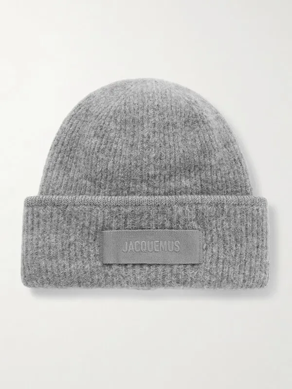 Jacquemus Ribbed-knit Beanie With Grosgrain Trim - Gray