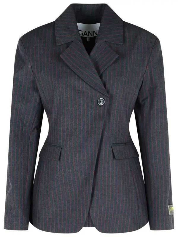 GANNI Pinstriped Viscose Blend Blazer - Grey