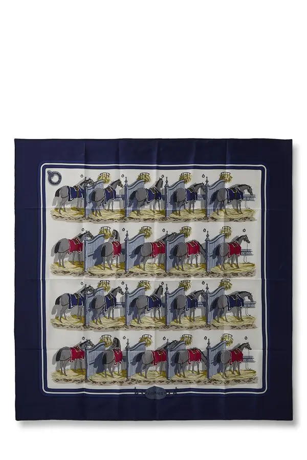 Hermès Multicolor 'ecuries' Silk Scarf 90 - Navy