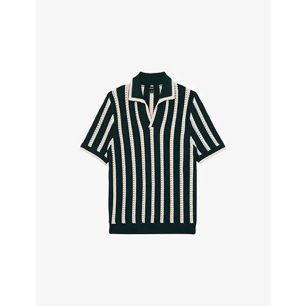 REISS Duncan Striped Cotton-blend Polo Shirt - Dark Teal Green Ecru