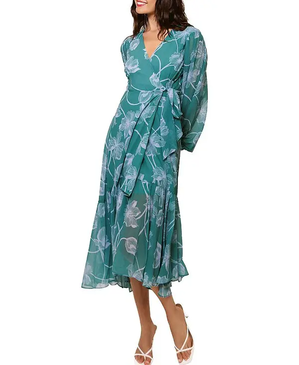 HUTCH Robyn Wrap Dress - Teal/sky Two Tone Vining Birds