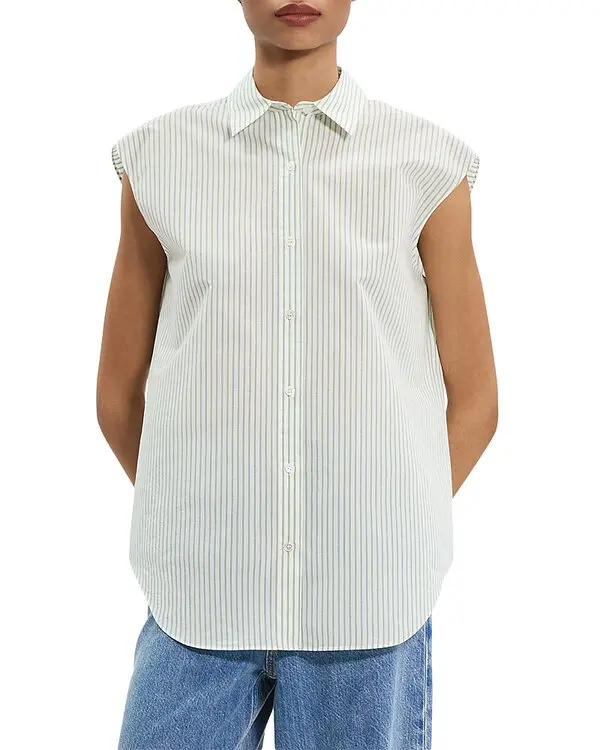 Theory Striped Cotton-blend Cap-sleeve Shirt