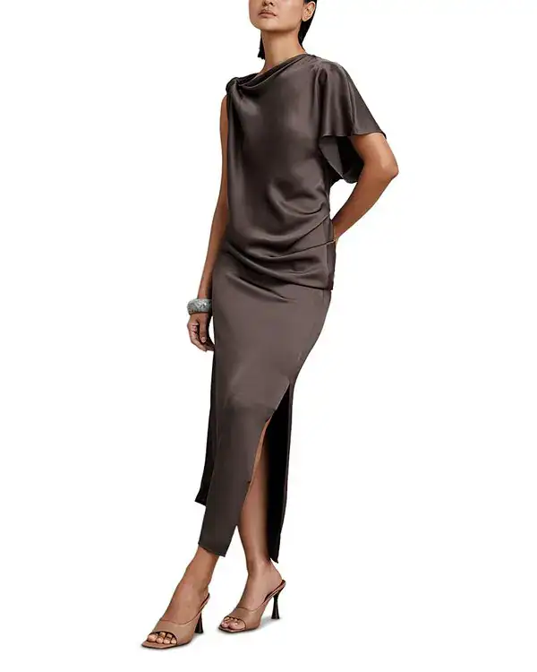 Reiss Kenzie Satin Asymmetric Draped Midi Dress - Mauve
