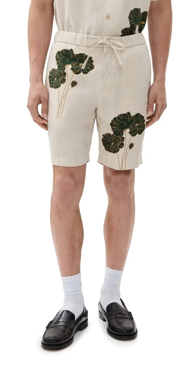 Frescobol Carioca Felipe Linen Floral Printed Shorts - Ecru & Evergreen