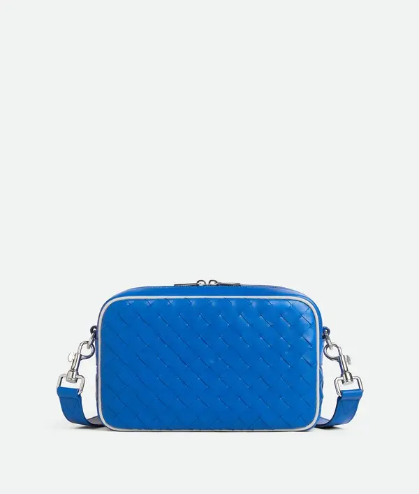 Bottega Veneta Intrecciato Leather Camera Bag - Cobalt/white
