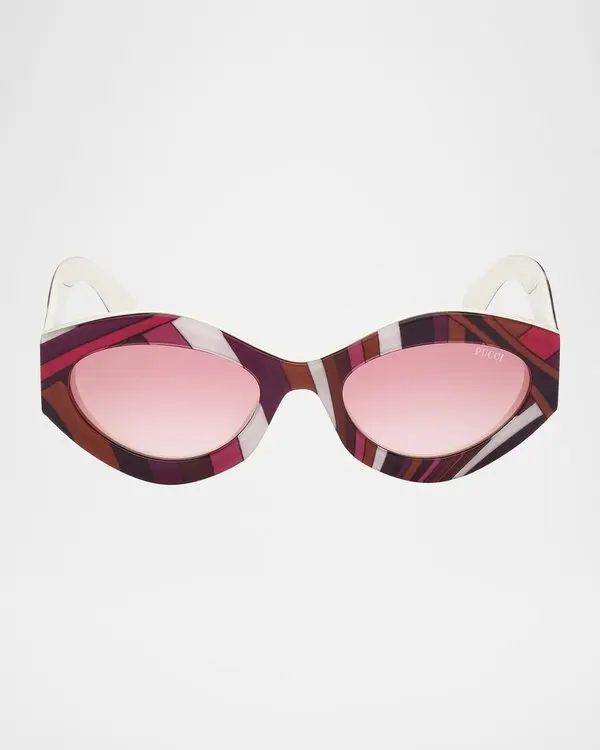 Emilio Pucci Cat-eye Acetate Sunglasses - Shiny White Pattern Grad Fuschia Lenses