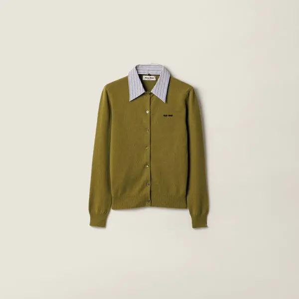 Miu Miu Cashmere Cardigan With Detachable Collar - Fern Green/cocoa Brown