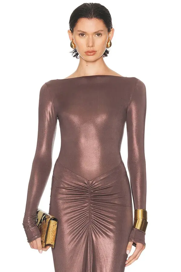 Lapointe Coated Jersey Boatneck Bodysuit - Mocha