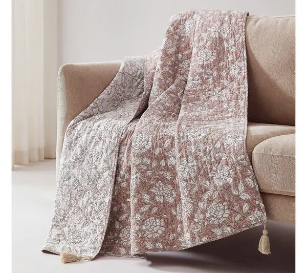 LUSH DECOR Zara Floral Block Reversible Cotton Hrow Blanket