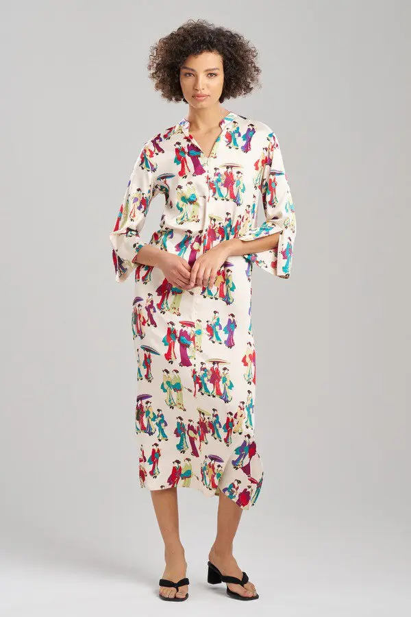 Natori Geisha-printed Satin Zip Caftan - Natural