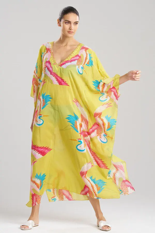 Natori Crane Cotton Silk Sequined Sheer Caftan