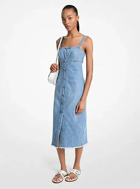 knee length dresses for ladies Indigo Cotton Denim Pinafore Midi Wrap Dress 32