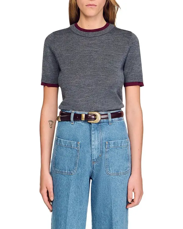 Sandro Two Tone Cropped Short Sleeve Sweater - Grey