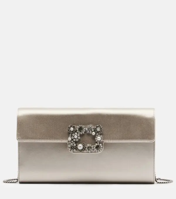 ROGER VIVIER Embellished Satin Envelope Clutch - Silver