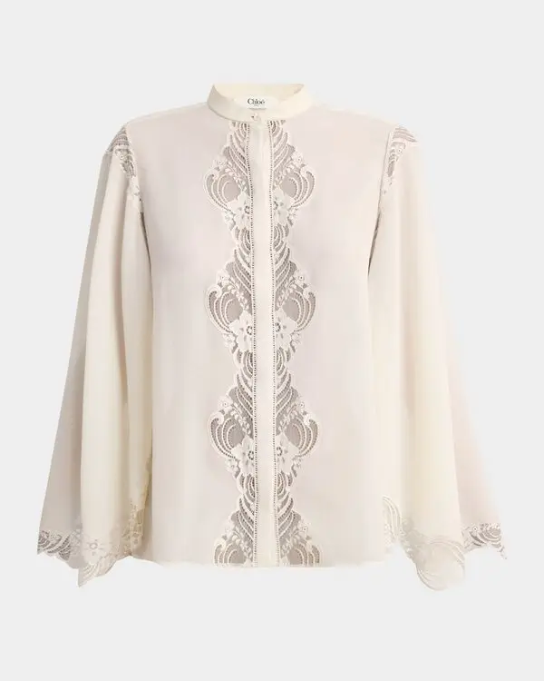 Chloé Lace Placket Tulip-sleeve Silk Blouse - Pristine White