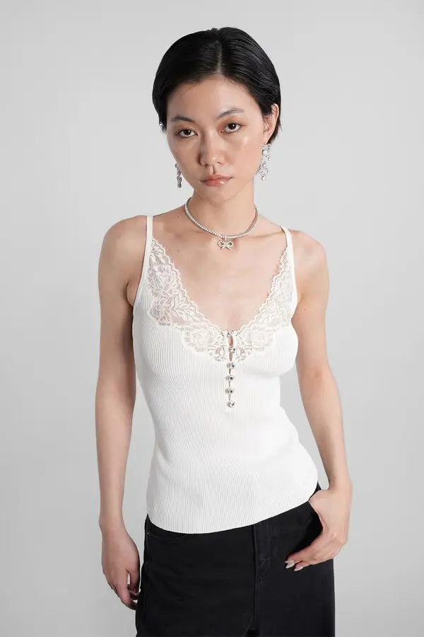 SELF-PORTRAIT Ribbed Knit Top With Jewel Buttons