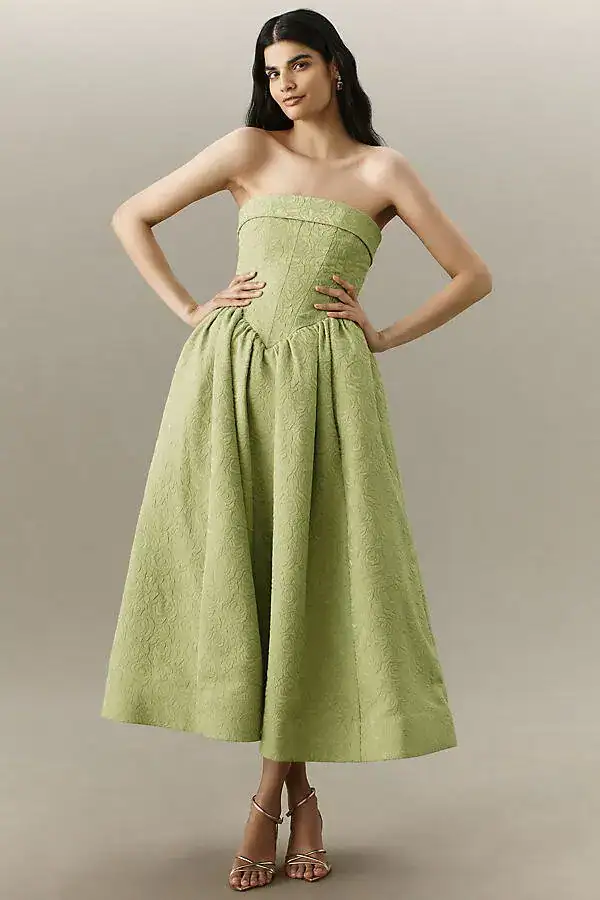 Bhldn Jacquard Strapless Basque-Waist Corset Fit & Flare Gown - Nile |  Editorialist