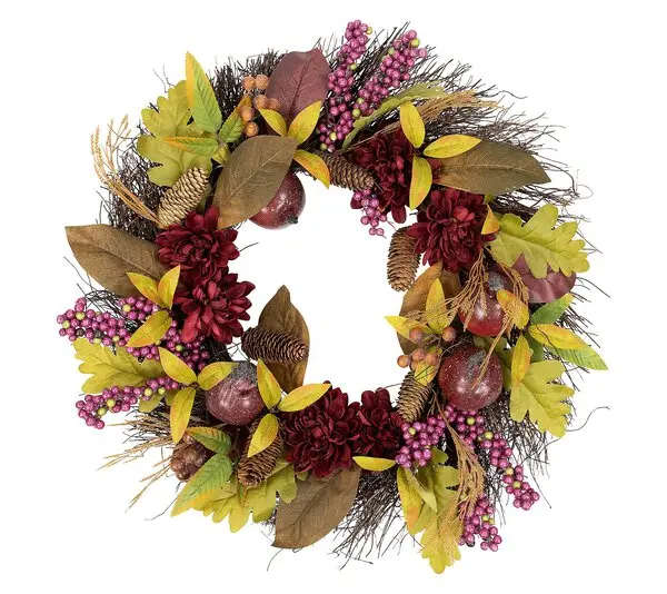 NORTHLIGHT Mums & Pomegranates Harvest Twig Wre Ath 24
