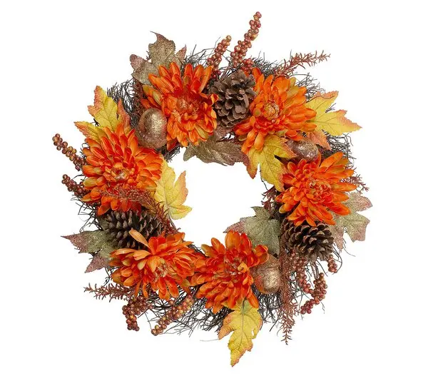 NORTHLIGHT Mums And Acorns Floral Twig Wreath 22 Unlit