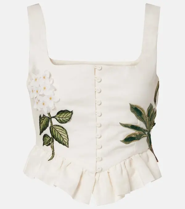 Agua Bendita Eslabón Wild Appliqué Linen Crop Top - White
