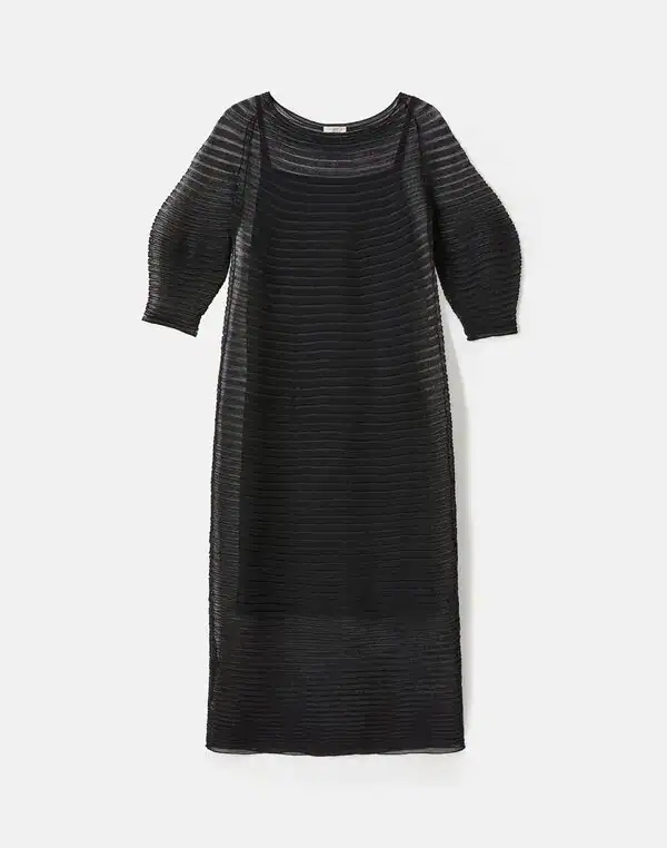 Lafayette 148 New York Silk Crepe Knit Pleated Dress - Black | Editorialist