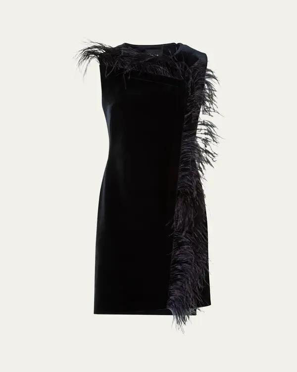 Akris Neoprene Velvet Feather-trim Asymmetric Mini Dress