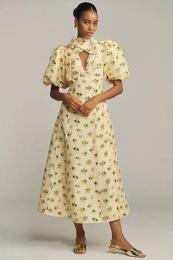 Lovaan Linen Silk Puff-Sleeve Dress In Floral Bunch - 31% Off | Editorialist