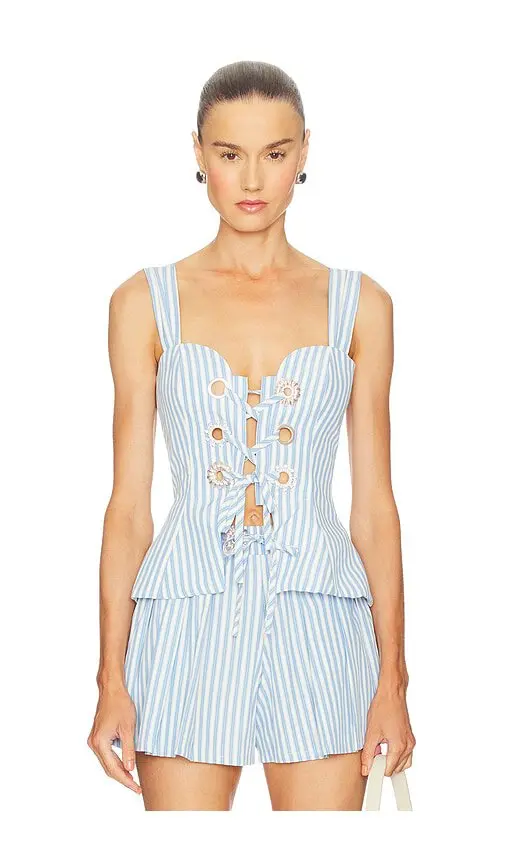 AREA Crystal Grommet Poplin Corset Top - White & Blue
