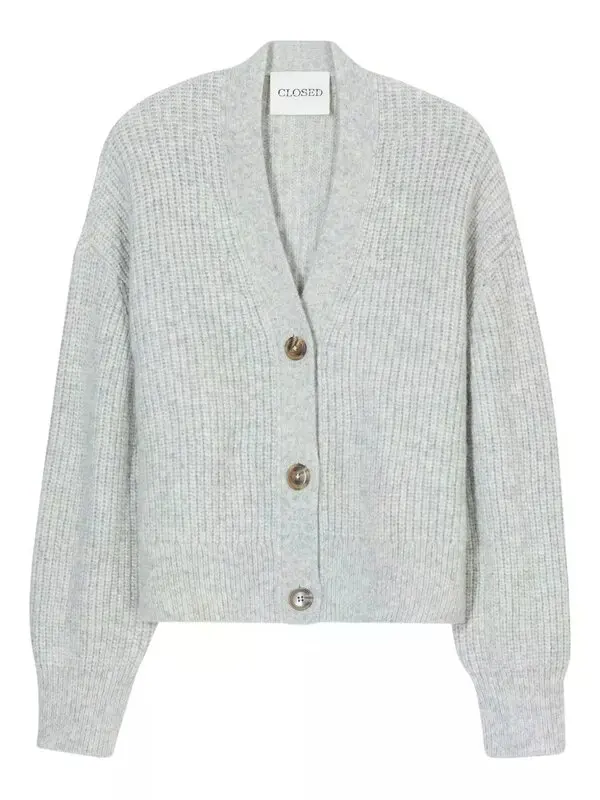 Closed V-neck Ribbed Cardigan - Grey