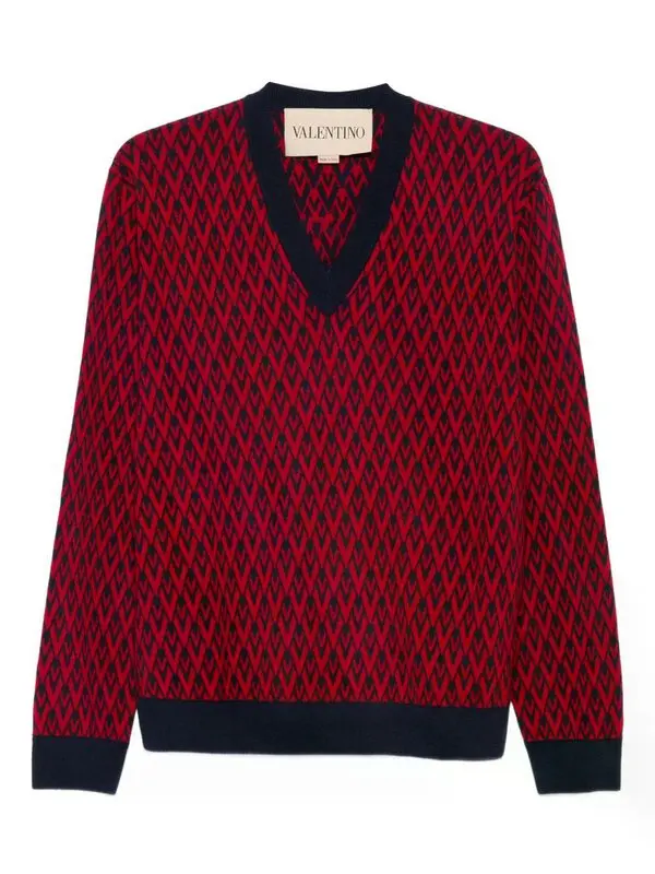 Valentino Garavani Geometric-pattern V-neck Sweater - Red