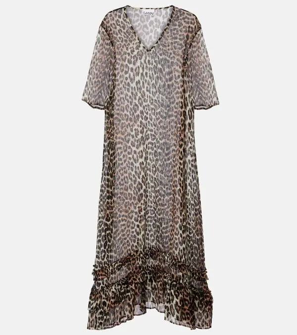 GANNI Leopard-print Sheer Chiffon Midi Dress