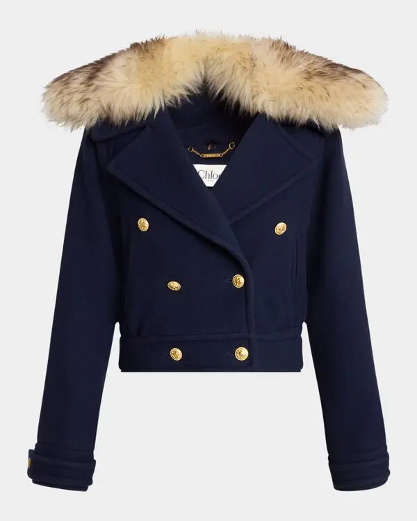 Chloé Faux-fur Collar Double-breasted Wool Bomber Jacket