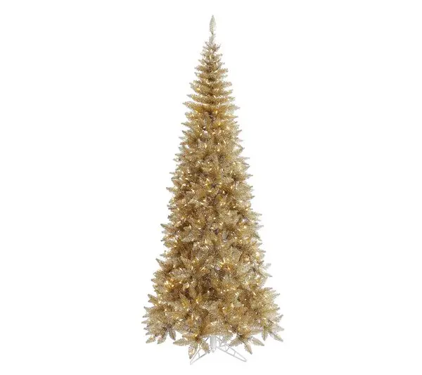 VICKERMAN 9' Champagne Tinsel Fir Slim Artifici Al Pre-lit Tree