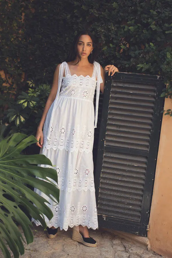 Miguelina Juniper Rhombus Cotton Embroidery Dress - White