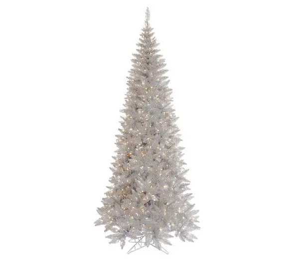 VICKERMAN 9' Silver Tinsel Fir Slim Artificial Pre-lit Tree