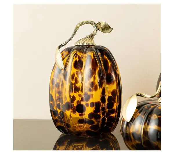 GLITZHOME 8'h Amber Dots Glass Halloween Harves T Pumpkin