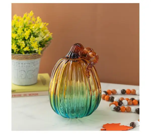 GLITZHOME 7' Gradient Halloween Harvest Glass P Umpkin
