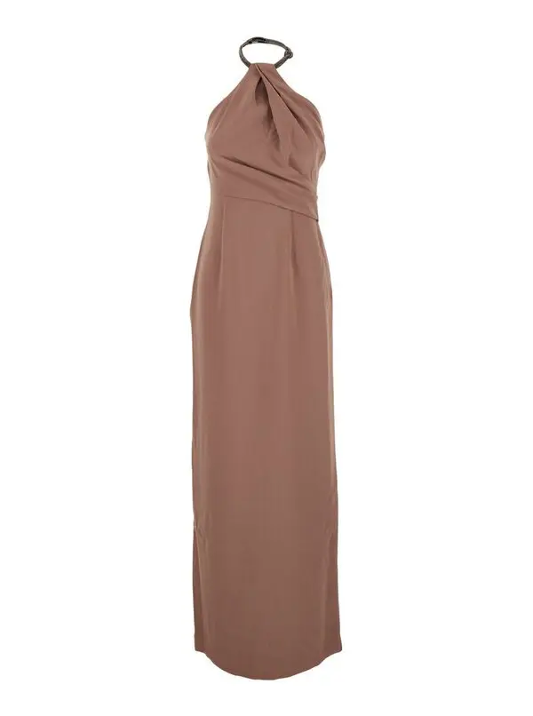 Solace London Riva Long Twill Dress With Rhinestone Embellished Neckline - Beige