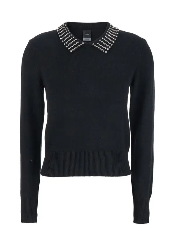 Pinko Cashmere Polo Shirt With Crystal Collar - Black