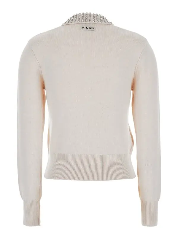 Pinko Cashmere Polo Shirt With Crystal Collar - Beige