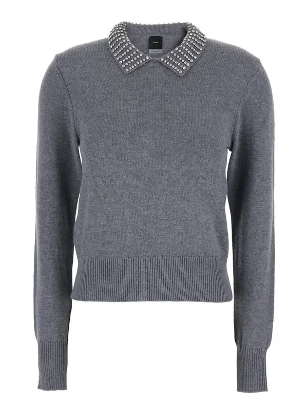 Pinko Cashmere Polo Shirt With Crystal Embellishments - Grey