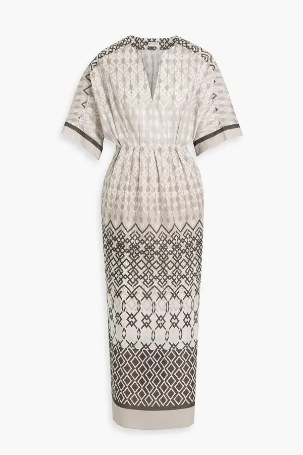 Brunello Cucinelli Pleated Printed Voile Maxi Dress