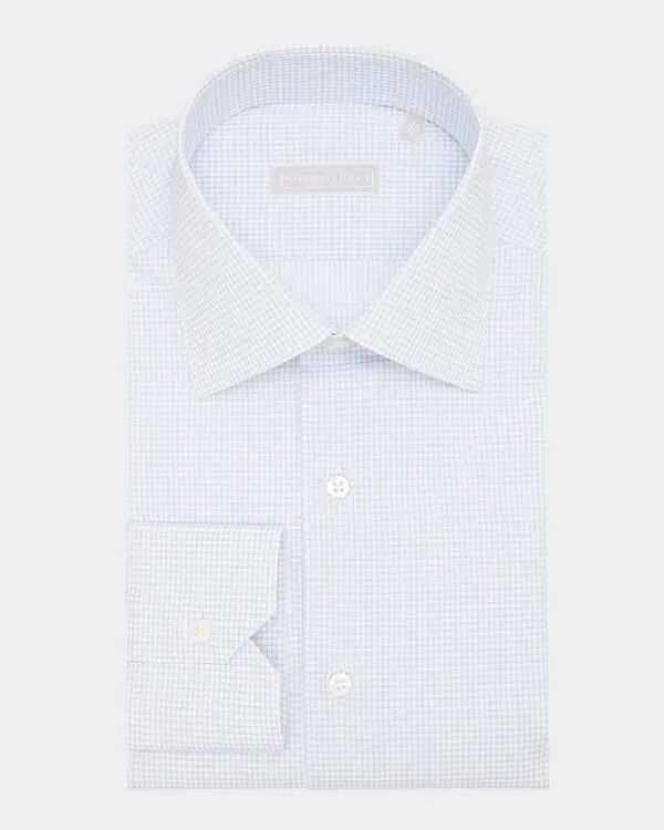 Stefano Ricci Cotton Micro-graph Check Point Collar Dress Shirt - Light Blue