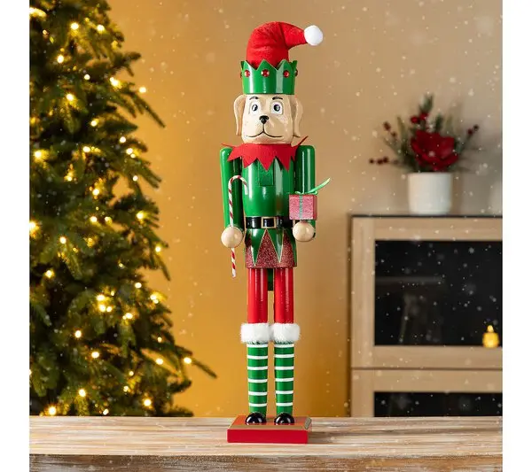 GLITZHOME 23.5'h Wooden Christmas Elf Dog Nutcr Acker
