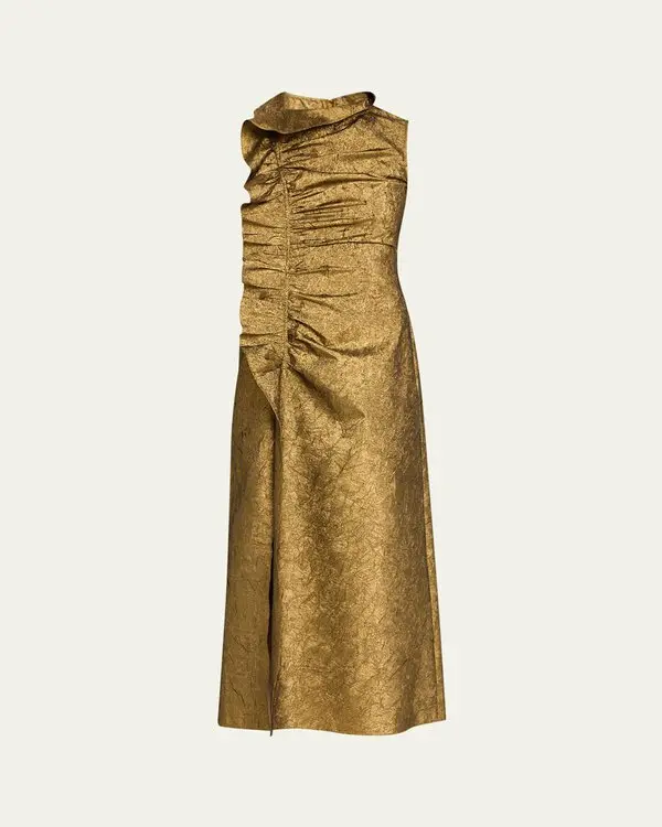 Ulla Johnson Demetria Metallic Sleeveless Ruched Midi Dress - Gold Leaf