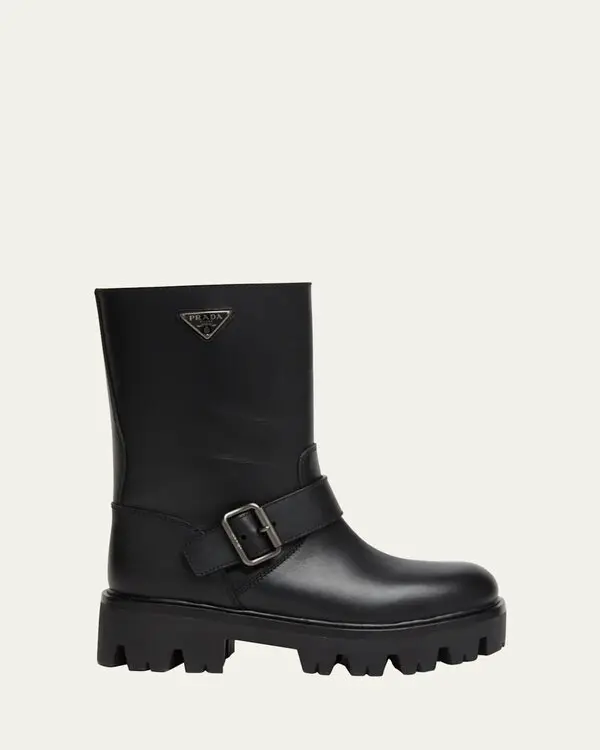 Prada Triangle Logo Leather Moto Booties