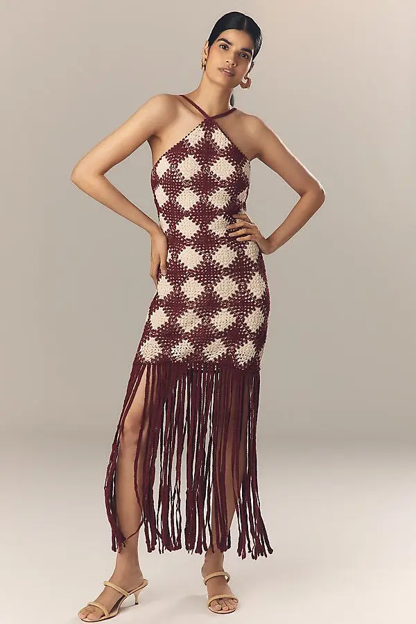 Saylor Dragana Halter Crochet Fringe Midi Dress - Maroon / Ecru